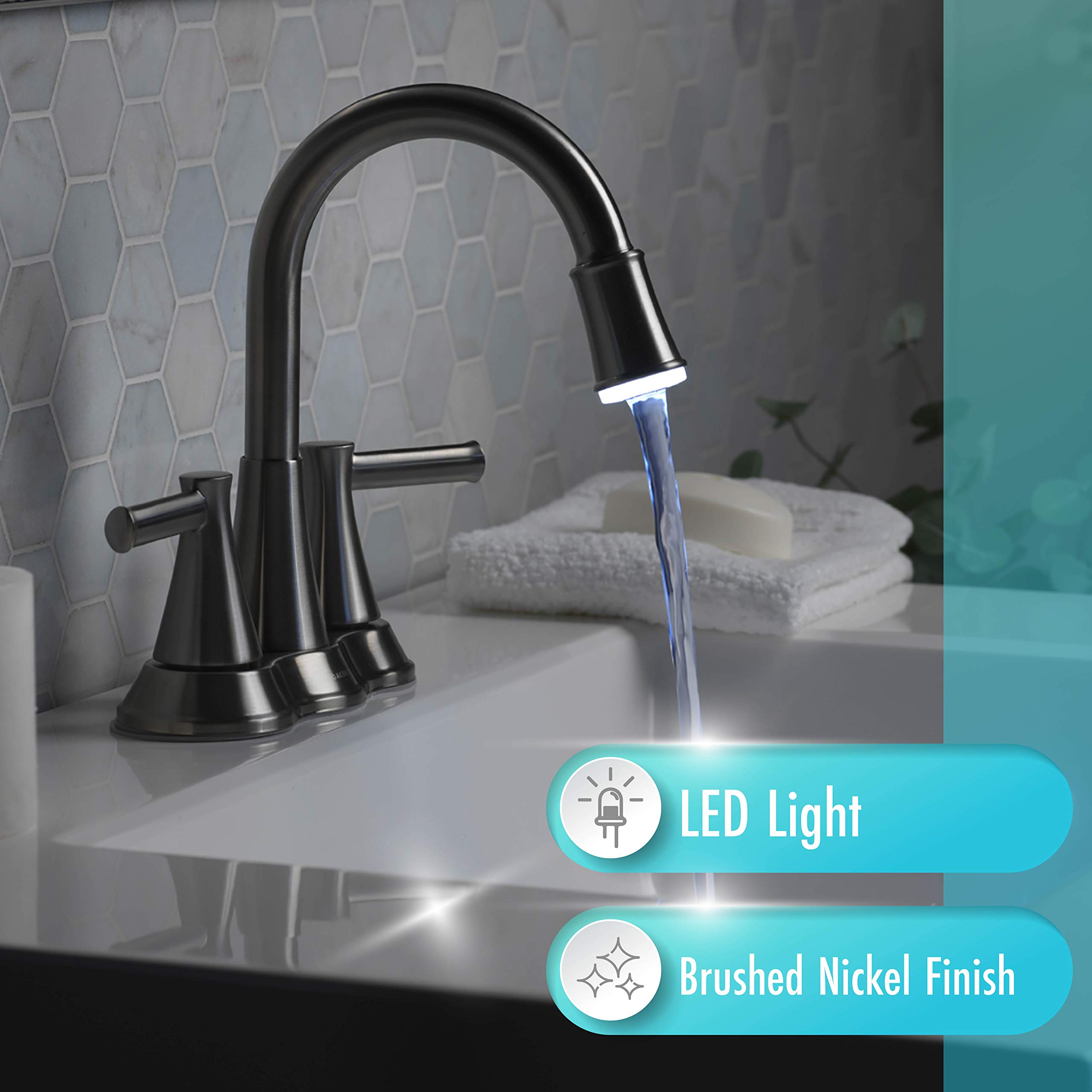 Aqua Vista 22-B42CPL-BN-AV Bathroom Sink Faucet, Two Handle w LED Light Brushed Nickel