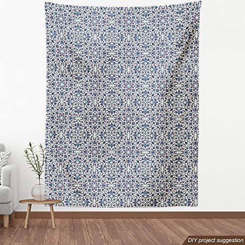Ambesonne Orient Fabric by The Yard, Moroccan Floral Pattern Victorian Rococo Baroque Design, Decorative Fabric for Upholstery and Home Accents, 2 Yards, Cream Indigo