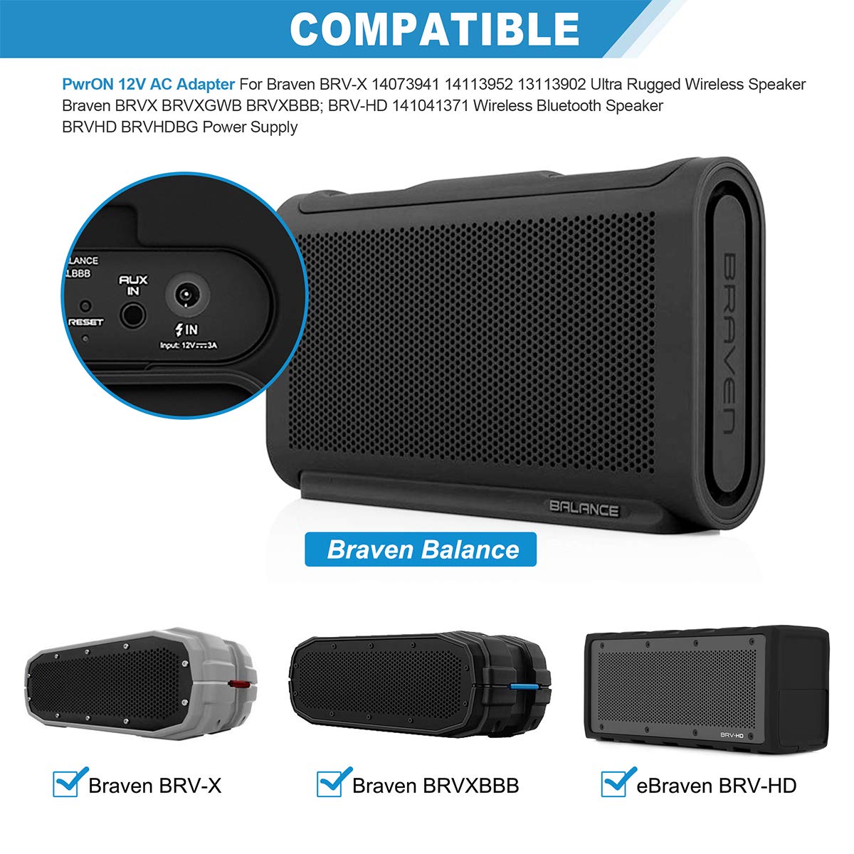 PwrON 12V AC Adapter Fits for Braven BRV-X 14073941 14113952 13113902 Ultra Rugged Wireless Speaker Braven BRVX BRVXGWB BRVXBBB; BRV-HD 141041371 Wireless Bluetooth Speaker BRVHD BRVHDBG Power Supply