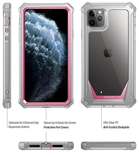 iPhone 11 Pro Max Case, Poetic Full-Body Hybrid Shockproof Ruggec Clear Bumper Cover, Built-in-Screen Protector, Guardian Series, Case for Apple iPhone 11 Pro Max (2019) 6.5 Inch, Pink/Clear