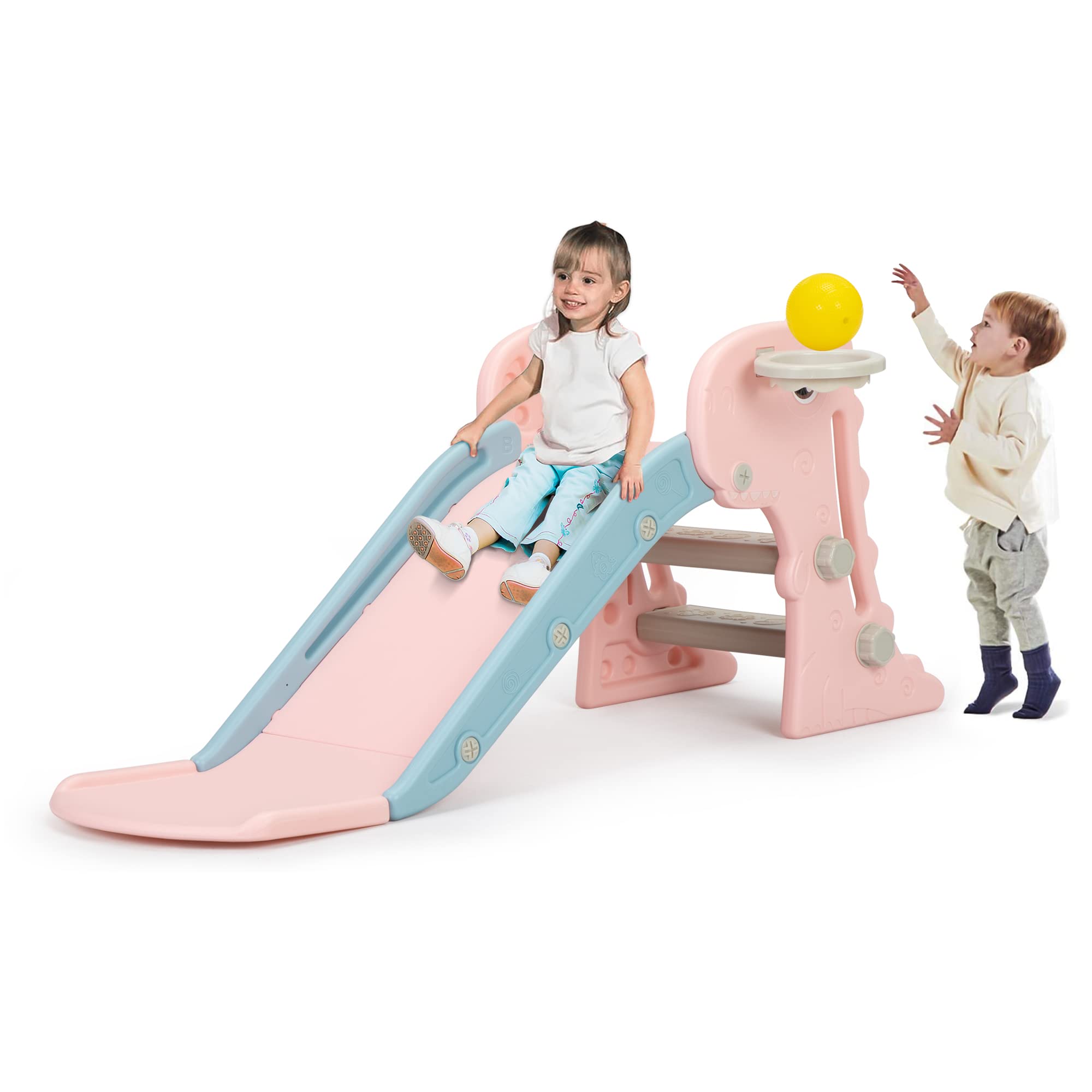 3 in 1 Freestanding Toddler Slide, Afaris Indoor Outdoor Playground with Basketball Hoop and Ball for Kids Boys Girls Under 3 Years, Pink