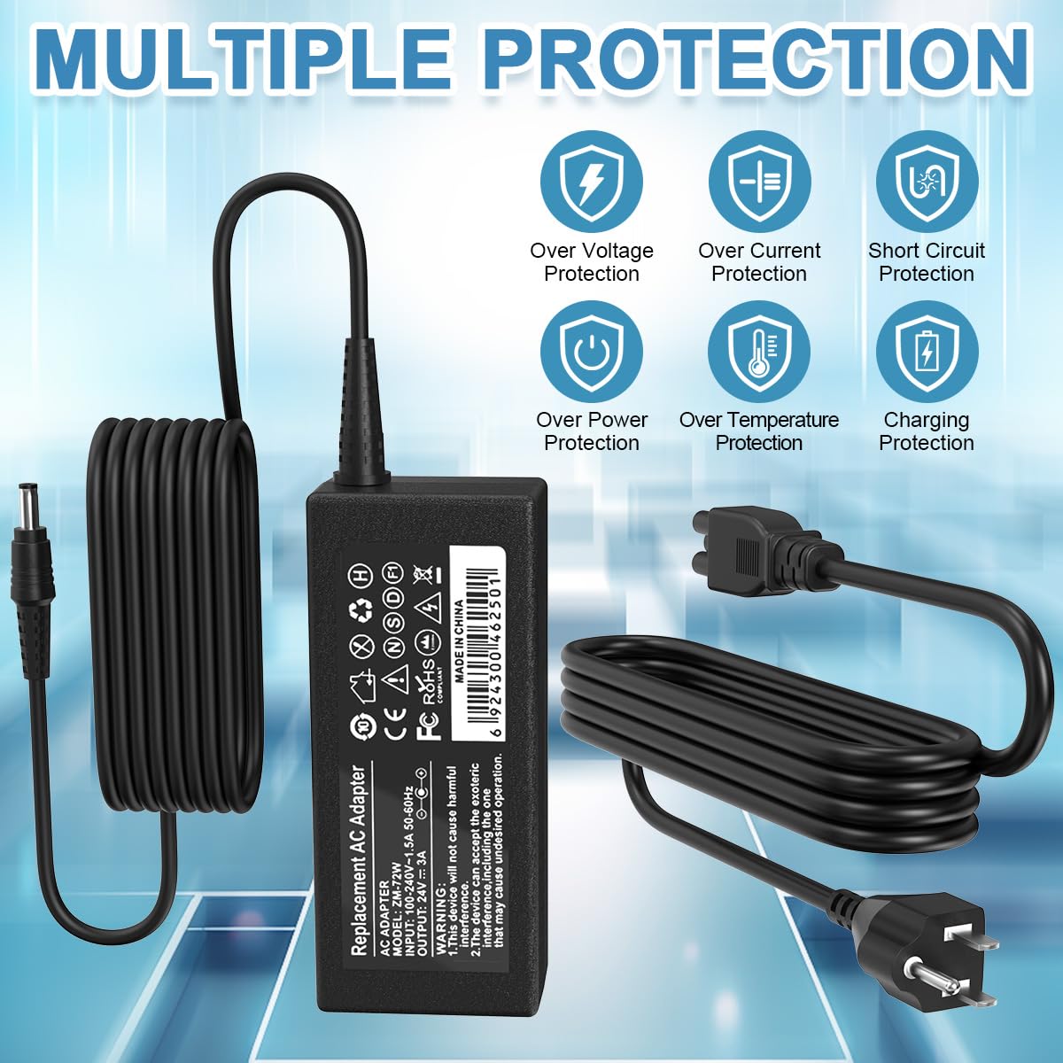 EAGLEGGO 24V 3A 72W AC to DC Adapter Power Supply Replacement for Fujitsu Image Scanner FI-Series fi-6130Z fi-6140Z fi-6230Z fi-6240Z S1500 S1500M AC Power Cord