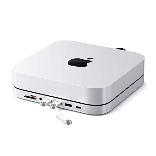 Satechi USB C Hub - Type-C Aluminum Stand & Hub - USB-C Data Port, Micro/SD Card Readers, USB 3.0 & Headphone Jack Port - for Mac Studio, Mac Mini M2/M1 (Not Compatible with M4) - Silver