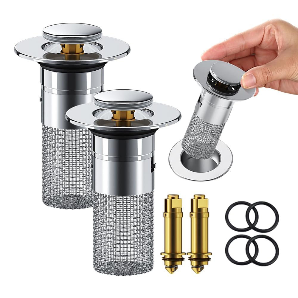 2Pcs Bathroom Sink Drain Strainer,Bathroom Sink Stopper Hair Catcher Pop Up Sink Drain Filter with Removable Stainless Steel Filter Basket Hair Catcher for Kitchen, Bathtub,Sink,Floor Drain