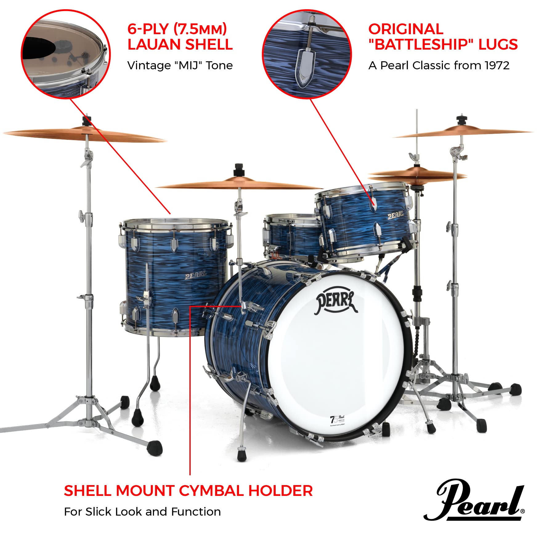 Pearl President Series Deluxe 3-piece 75th Anniversary Edition Shell Pack in Desert Ripple (#768) covered finish featuring 20"x14" Bass Drum w/Cymbal Holder, 12"x8" Tom, and 14"x14" Floor Tom