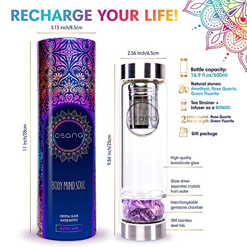 OSANA Crystal Water Bottle with 3 Changeable Healing Crystals β Amethyst, Rose Quartz, Green Fluorite β Loose Leaf Tea Bottle β Gem Elixir Infused Glass Water Bottle - 16.9 oz