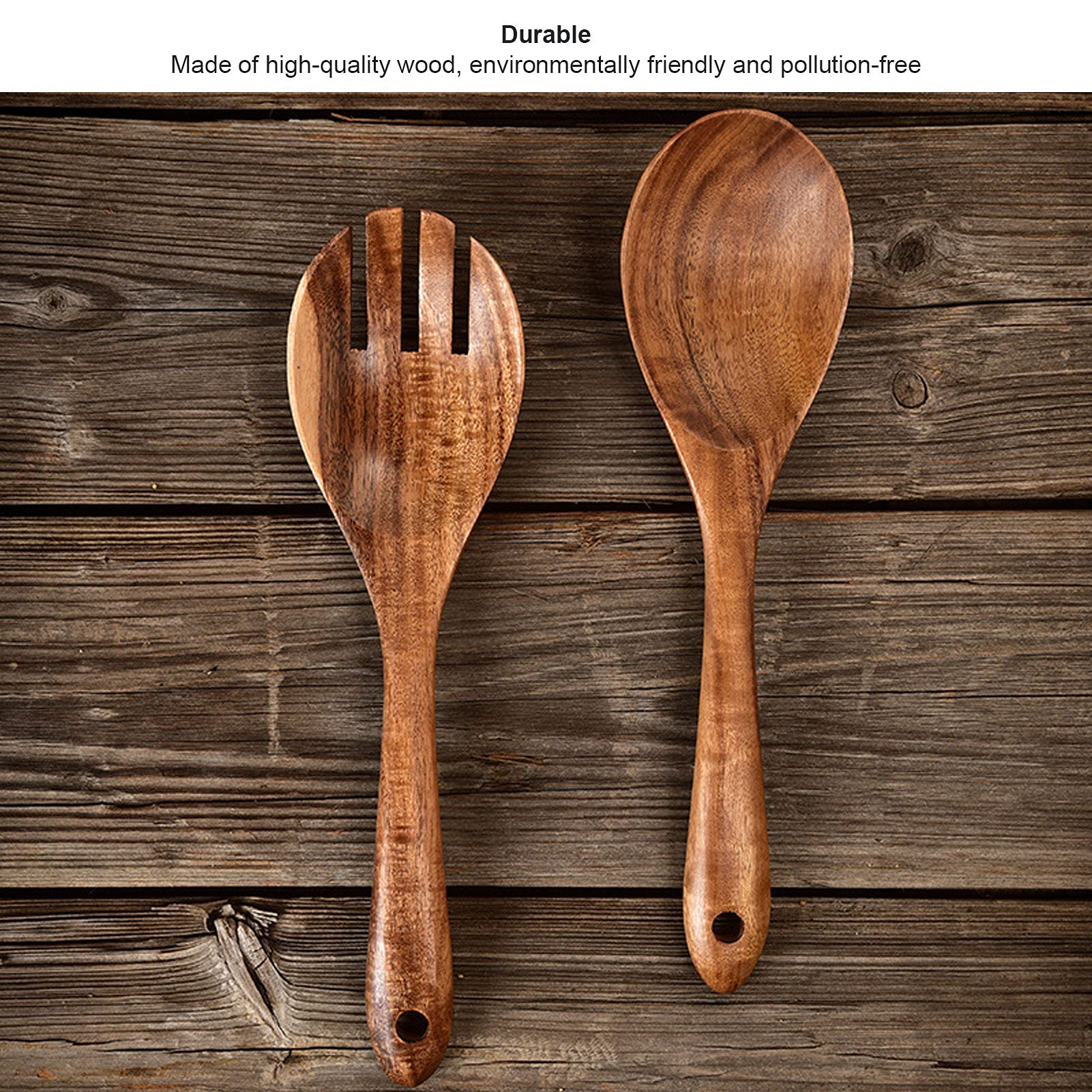 2Pcs / Set Wooden Mixing Spoon Fork with Hanging Holes, Ergonomic Design, Ideal for School Office Festival Use