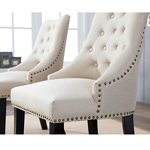 DAGONHIL Fabric Dining Chairs Set of 2 Tufted Dining Room Chairs Upholstered Kitchen Chairs, Accent Chairs with Black Solid Wood Legs, Nailed Trim (Beige)