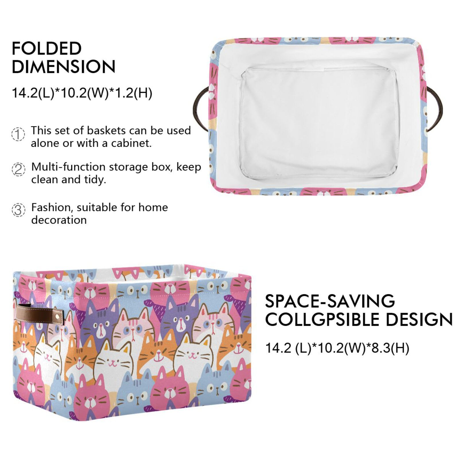 Cartoon Cat Large Storage Basket Cube Storage Bin Canvas Fabric Organizer Handles Collapsible Decorative for Clothes Toys Bedroom