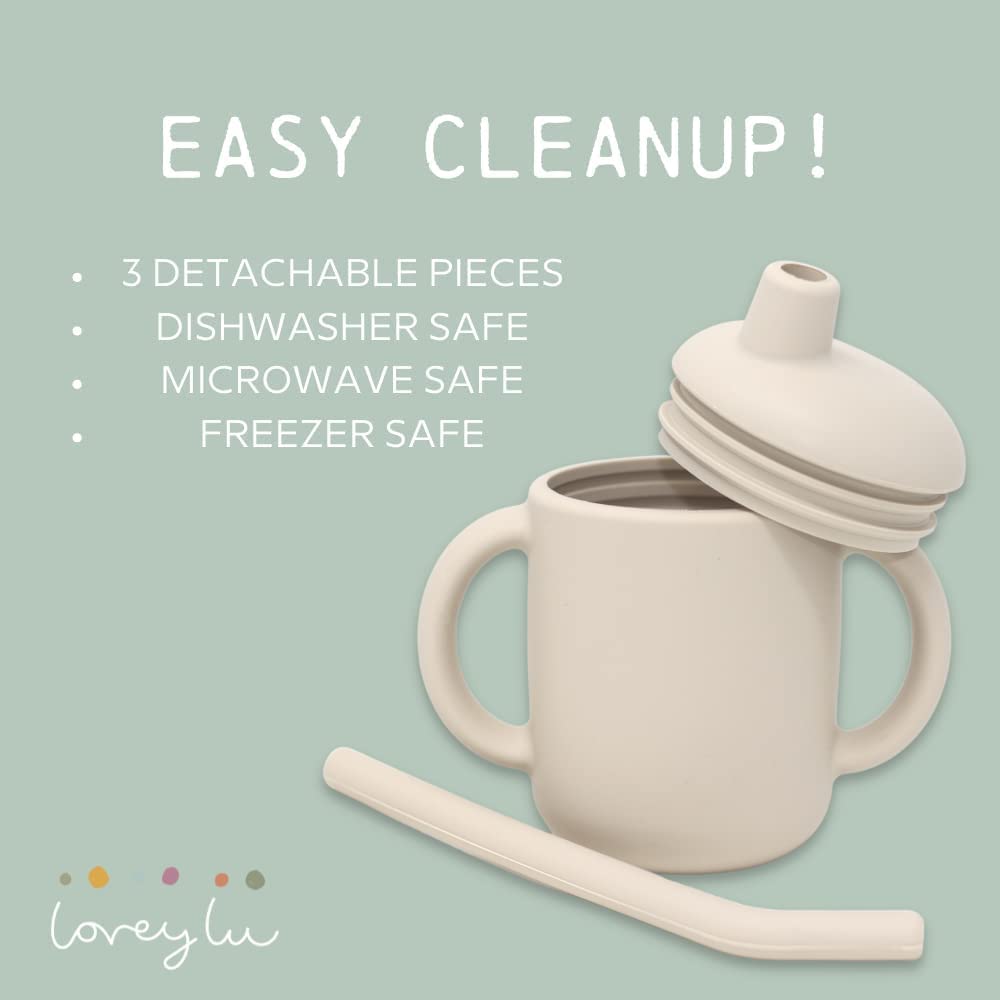 LoveyLu Silicone Sippy Cup, Toddler Cup With Straw, Training Soft Spout Cups for Toddlers With Handles, No Spill Lids, Durable, Drop Proof, Easy Grip, Microwave, Dishwasher, and Freezer Safe, Sand