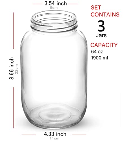 3 Pack Mason Jars 64 oz Wide Mouth with Lid and Band, Half Gallon, Airtight Lids , Clear, Glass (Set of 3)