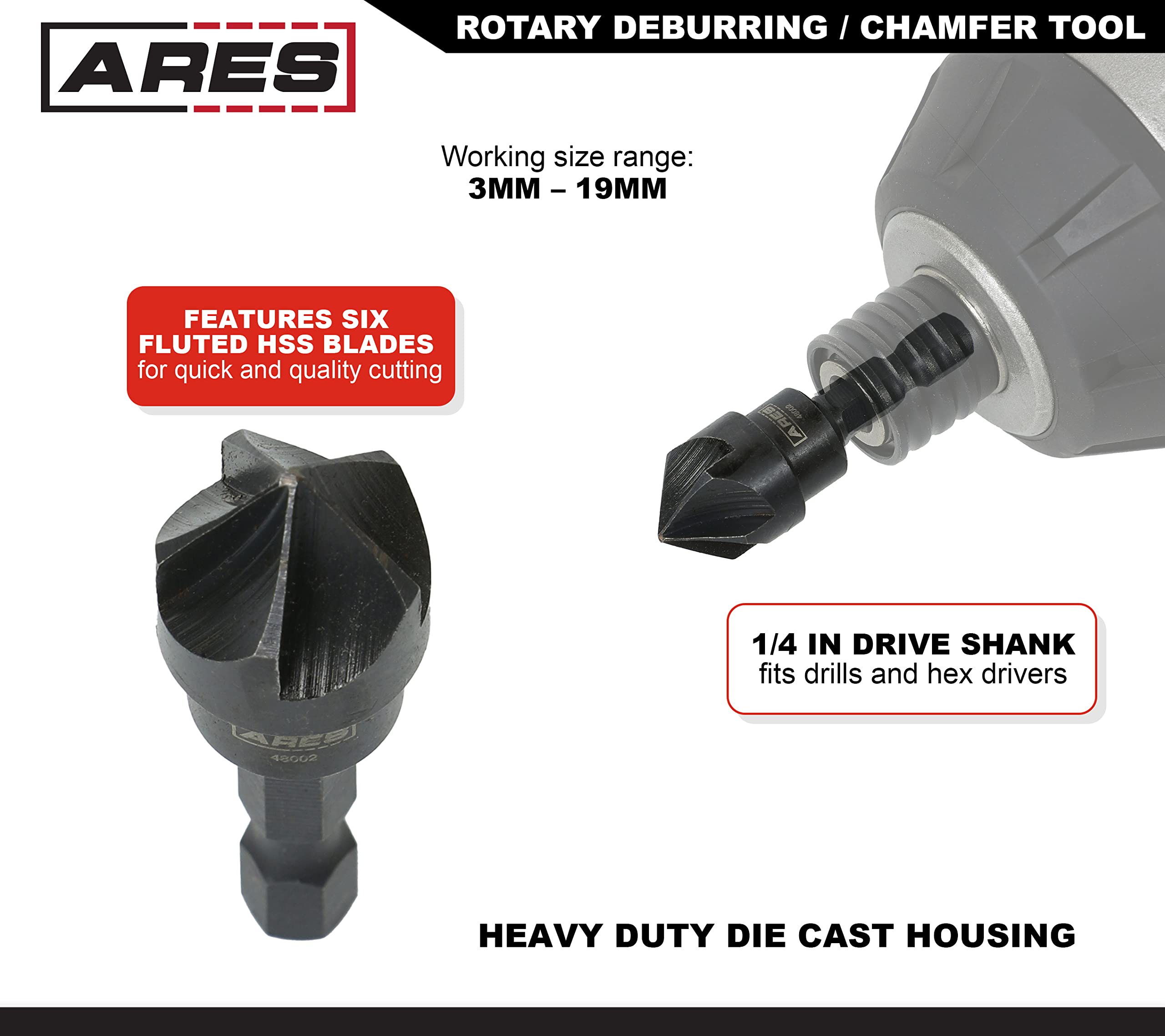 ARES 48002 – Internal Rotary Deburring & Chamfer Tool (3-19mm) – 1/4-Inch Shank for Use with Drill or Hex Driver - Clean and Repair Internal Edges of Newly Cut Pipes