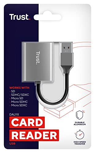 Trust Dalyx Fast USB Cardreader, Fast USB 3.2 Gen 1 with USB-A Connector, 104 MB/s with Compatible UHS-I Cards, (Micro) SD, SDHC and SDXC up to 2 TB, MacBook, PC, Laptop, Chromebook