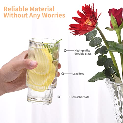BJMEDYM Ribbed Glassware, Vintage Glassware 6pc Set, 12 oz Origami Style Glass Cup, Ripple Drinking Glasses, Fluted Glassware, Ribbed Drinking Glasses
