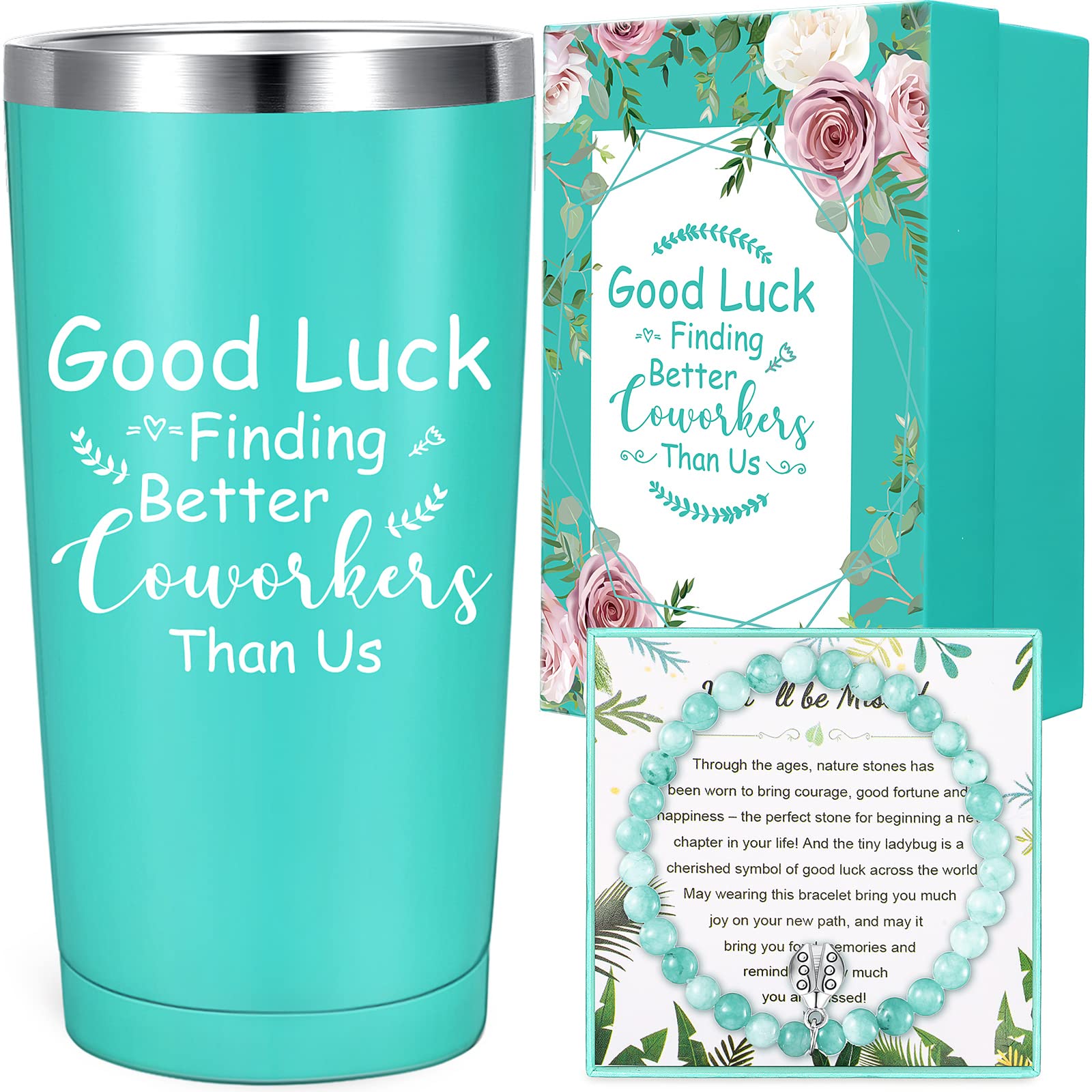 4 Pcs Going Away Gift for Coworker Farewell Gifts Coworker Leaving Gifts New Job Luck Gifts for Colleagues, Women, Friends, 20 oz Tumbler Beads Farewell Bracelet Gift Card Gift Box (Classic Green)