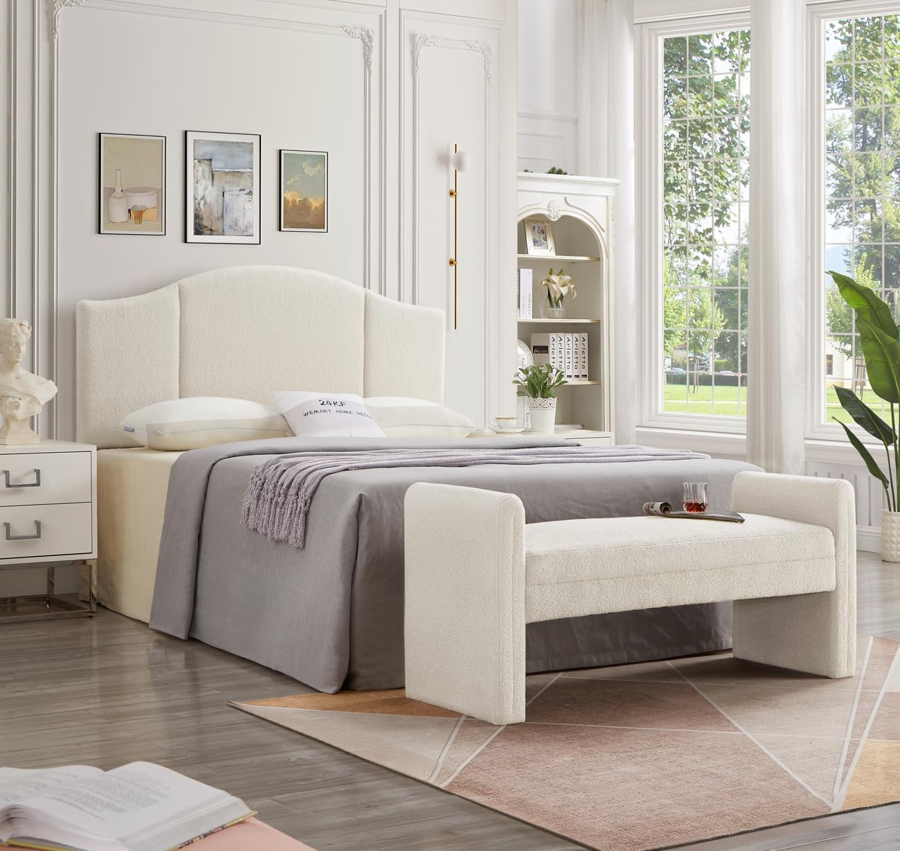 24KF Modern Boucle Teddy Lovely Bench, Upholstered Bed Bench Entryway Bench Ottoman with Armrest -Dark Gray