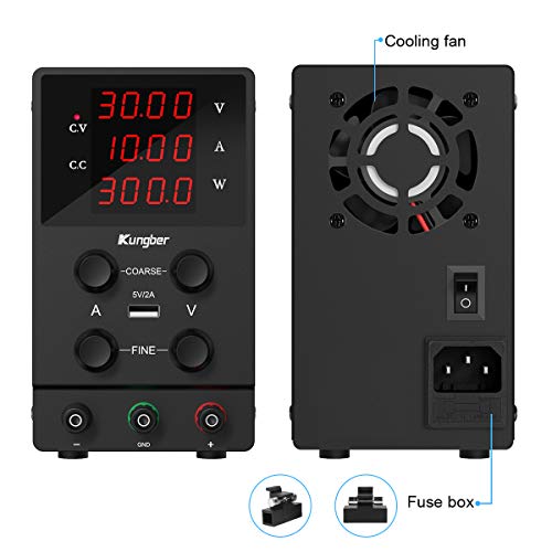 Kungber DC Power Supply Variable, 30V 10A Adjustable Switching Regulated DC Bench Linear Power Supply with 4-Digits LED Power Display 5V/2A USB Output, Coarse and Fine Adjustments with Alligator Leads