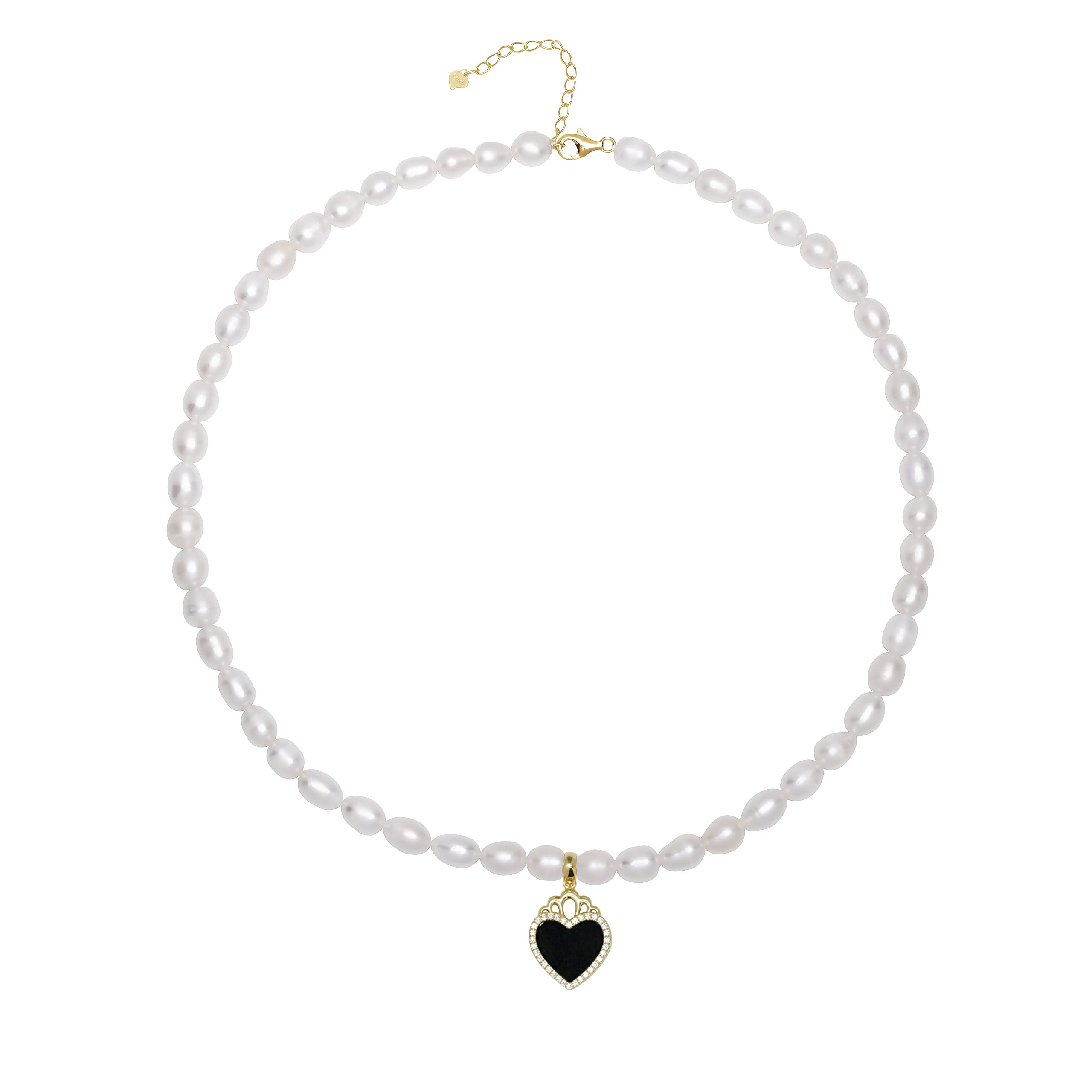 2023 New 925 Sterling Silver Dainty Freshwater Cultured Pearl Strand Necklace Black Agate Love Heart Pendant White Genuine Real Pearls Jewelry Gifts for Her 7-8mm Black Heart