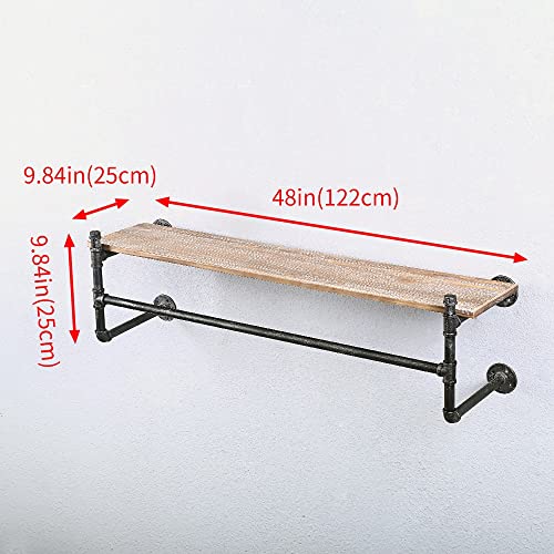 HAOVON Industrial Pipe Clothing Rack Wall Mounted Wood Shelf,Pipe Shelving Floating Shelves,Retail Garment Rack Display Rack Clothes Racks(1 Tier,48in)