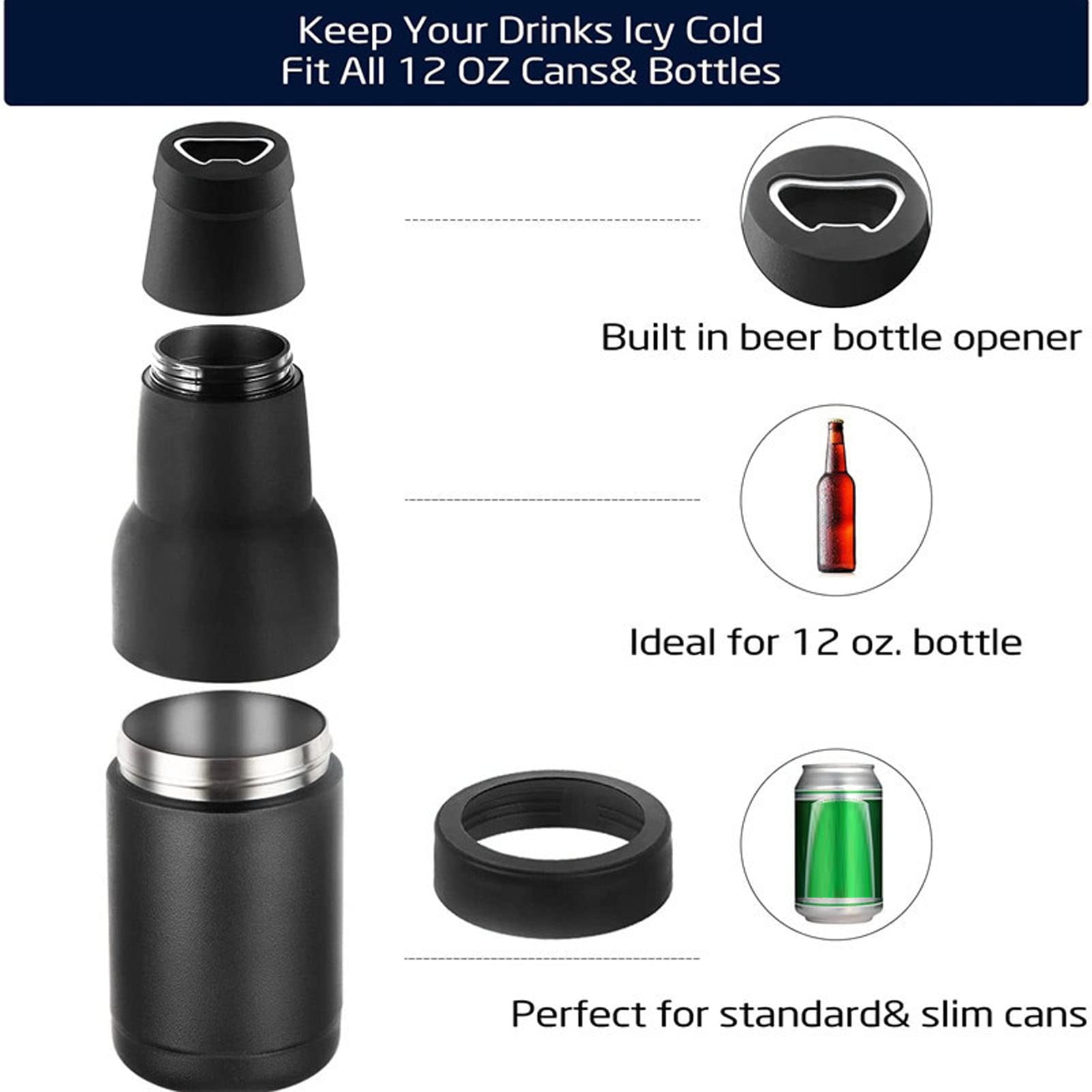 340ml Beer Cooler with Bottle Opener, Stainless Steel Beer and Soda Can Bottle Cooler, Drink Carrier, Can and Bottle Sleeve Helps Keep Drink Cold(304 Stainless Steel, ABS)