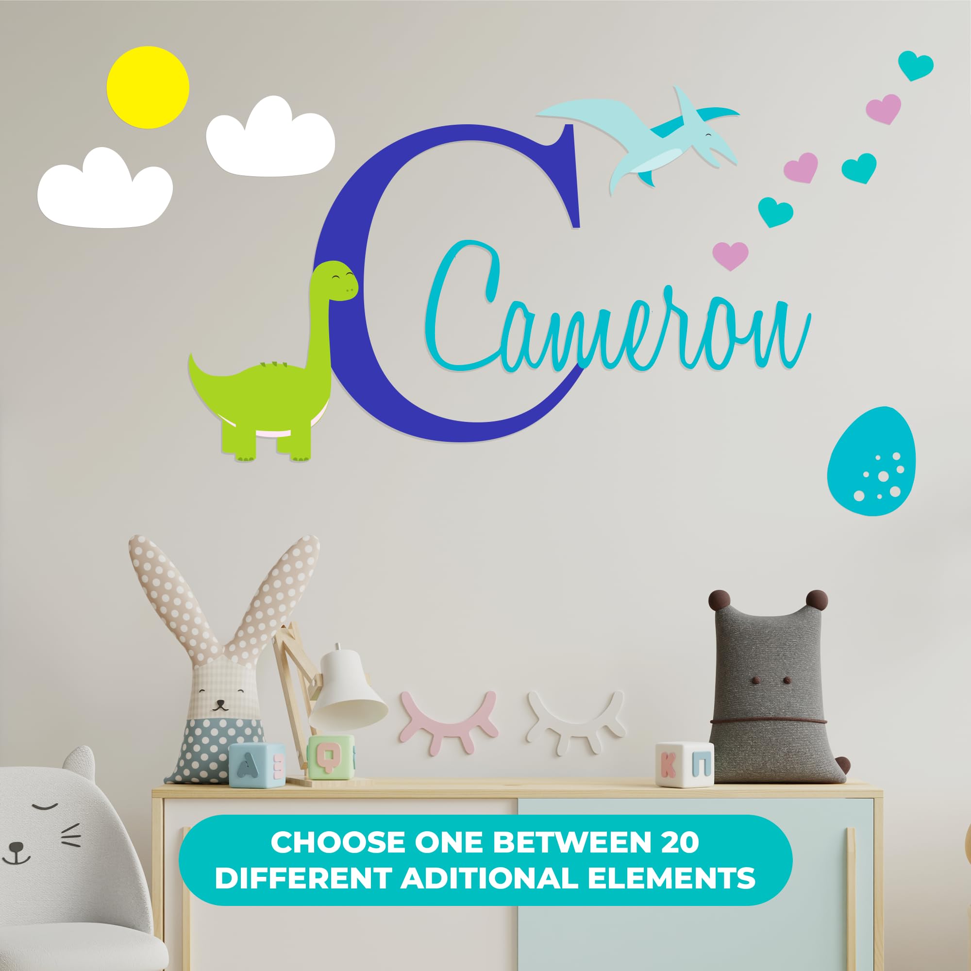 Custom Name & Initial Dinosaur Wall Decals I Personalized Dinosaur Bedroom Decor for Boys or Girls I Dinosaur Birthday Party Supplies I Nursery Wall Decal (Wide 32" x 20" Height)