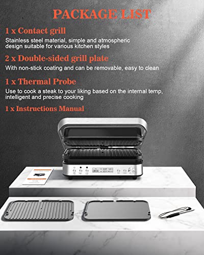 5 in 1 Indoor Grill, Panini Press Grill Sandwich Maker, CATTLEMAN CUISINE Electric Contact Grill and Griddle with Removable Nonstick Grill Plates, Smart Probe, LCD Display, Stainless Steel, 1600W