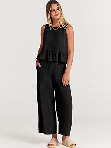 ANRABESS Two Piece Outfits for Women Summer Vacation Sleeveless Linen Crop Tank Top Casual Matching Lounge Sets Comfy Tracksuits Long Pants Jumpsuits 2023 Cute Going Out Clothes 817heise-M