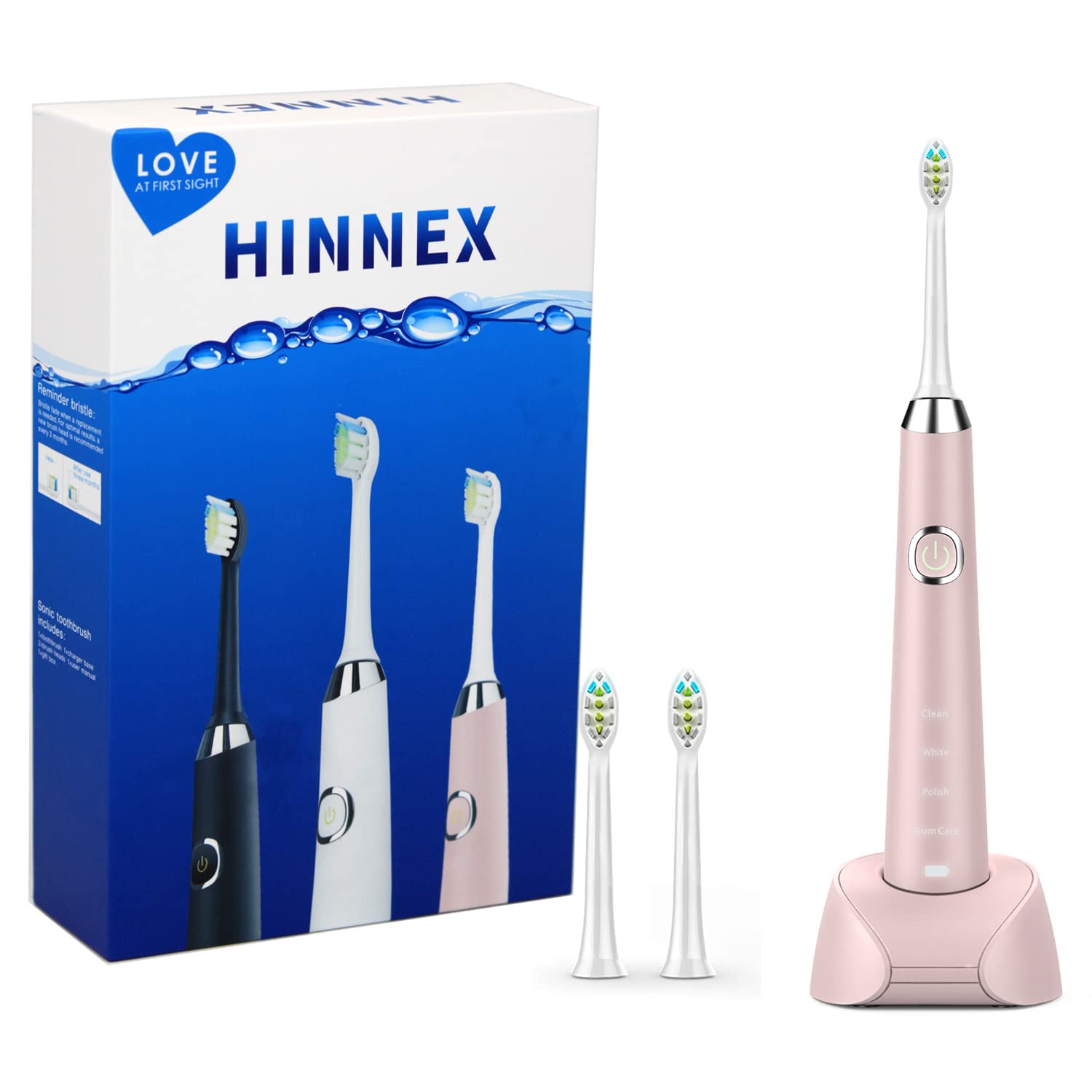 HINNEX Sonic Electric Toothbrush H3 Series Rechargeable Power 4 Modes with Smart Timer for Tooth and Gum Care, 1 Holder and 2 Replacement Brush Heads, Oral Care Whitening (Pink)