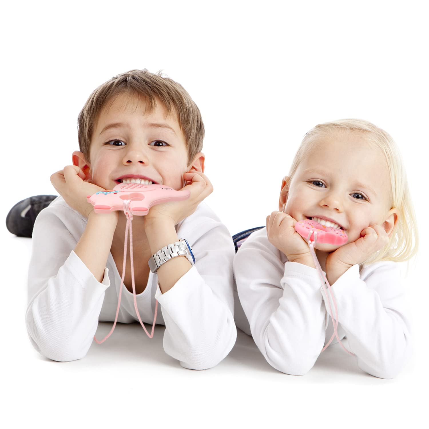 4Pcs Chew Necklaces for Sensory Kids with Teething, ADHD, SPD, Autism, Biting Needs, Oral Motor Chewy Teether, Silicone Necklace Made from Food Grade Silicone Safety, Baby Teether Toy for Boys&Girl