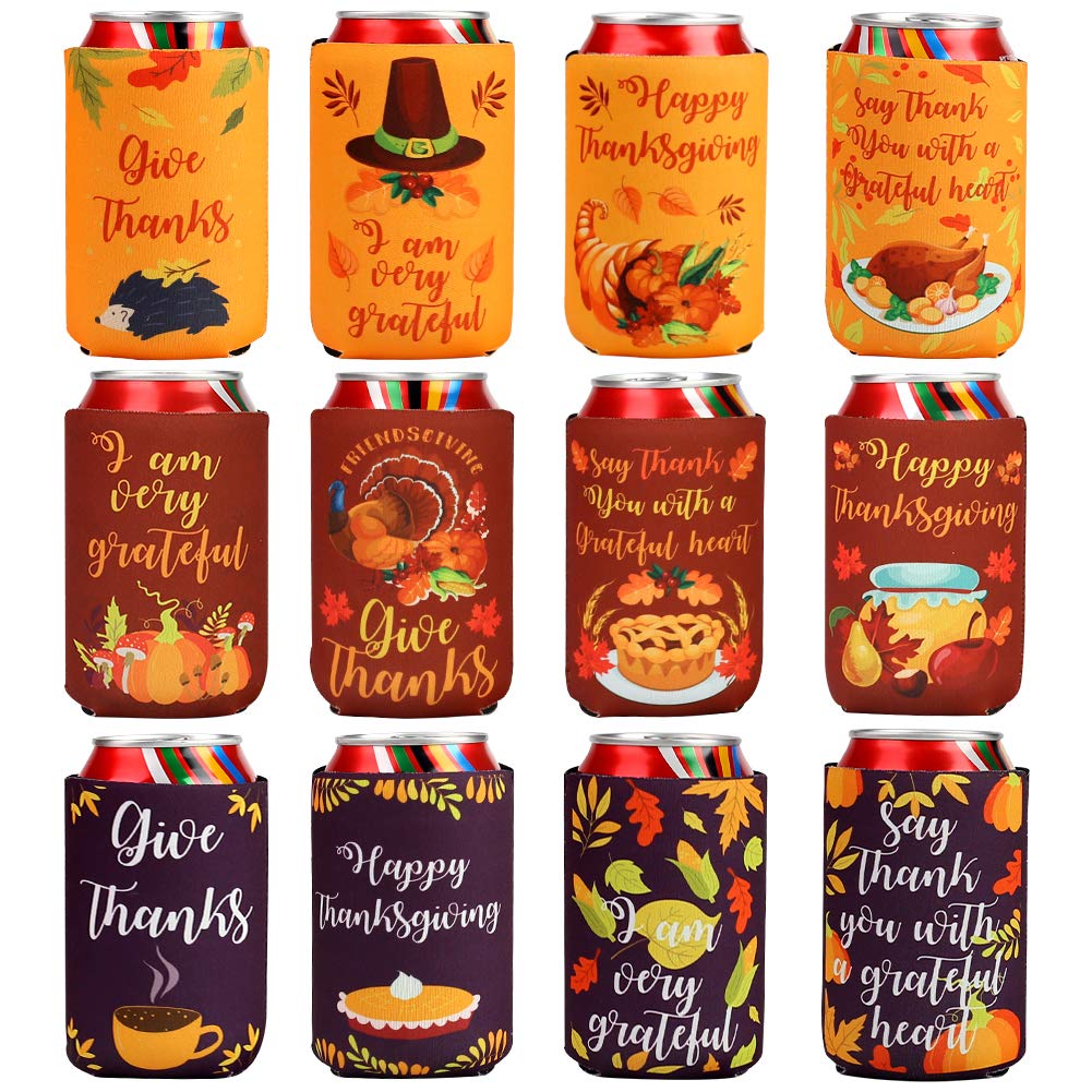 3 otters 12 Pcs Thanksgiving Day Can Cooler Friends Gathering Neoprene Beer Can Cooler Cover Fall Turkey Party Cans Decor Sleeves for Soda Beer Soft Drinks Canister Friendsgiving Parties holiday