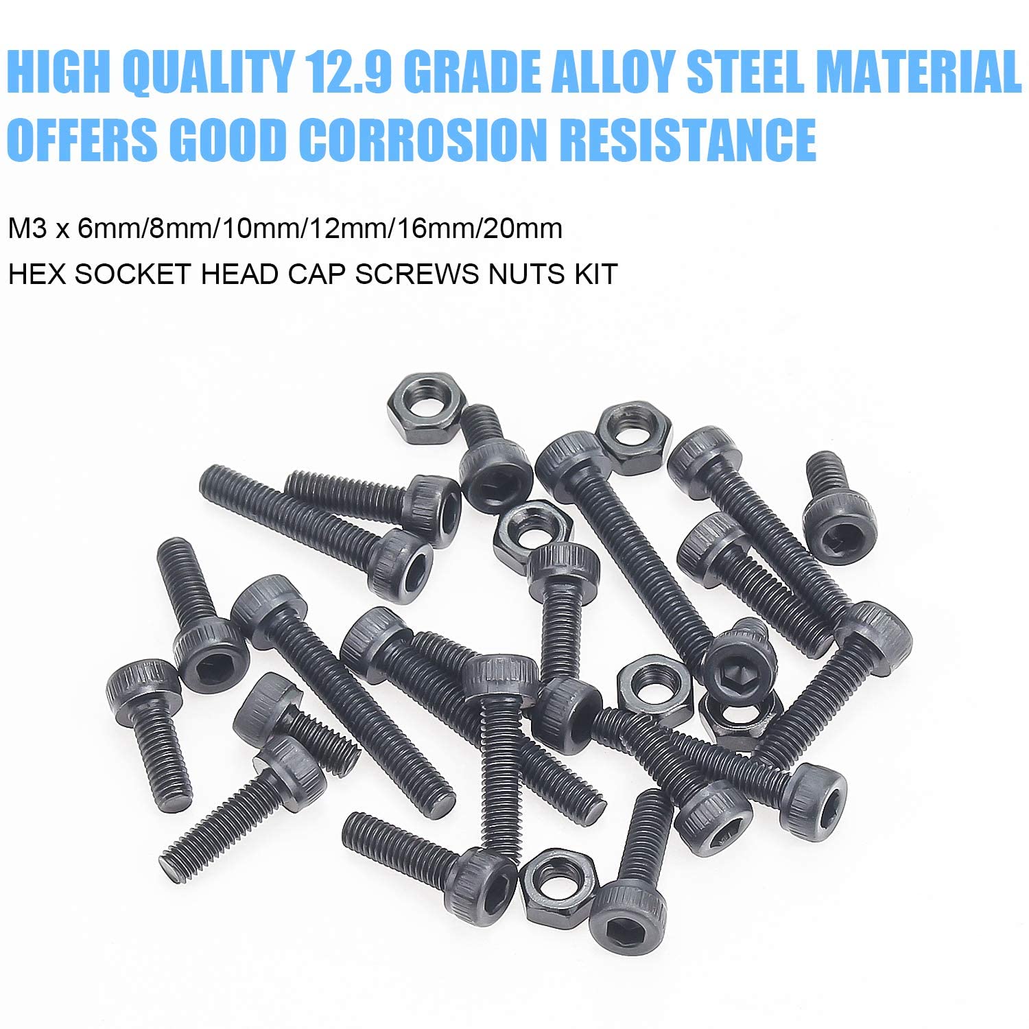 DYWISHKEY 360 Pieces M3 x 6mm/8mm/10mm/12mm/16mm/20mm, 12.9 Grade Alloy Steel Hex Socket Head Cap Bolts Screws Nuts Kit with Hex Wrench