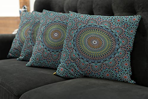 Lunarable Geometric Throw Pillow Cushion Case Pack of 4, Traditional Middle Eastern Style Moroccan Culture Design, Modern Accent Double-Sided Digital Printing, 18", Blue Ruby