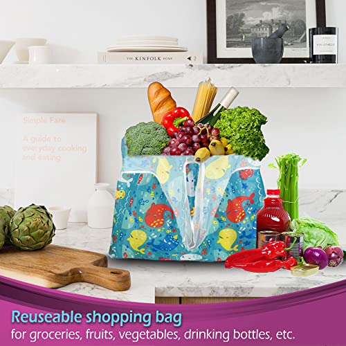 6 Pack Reusable Grocery Shopping Tote Foldable Bags with Pouch, Large Capacity, Durable, Washable, Heavy Duty Lightweight, Eco-Friendly, Waterproof, Geometry Animal Floral Design also for Travel, Gift (Animal Style)