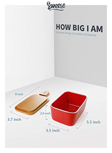 Sweese 323.104 Butter Dish with Lid and Handle, Porcelain Butter Keeper and Extended Wooden Lid, Red