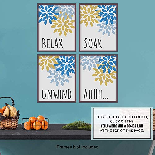 Relax Soak Unwind Wall Art Bathroom Decorations - Teal Blue Yellow Restroom Signs - Powder Room, Guest Bath Wall Decor - Bathroom Decor for Women - Housewarming Gift - 8x10 Poster Picture Set