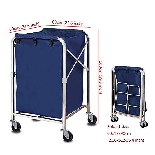 Removable Bags with Laundry Basket Folding Linen Cart on Wheels for Commercial, Industrial Laundry Hamper with Blue Canvas Liner, Hospital Clothes Storage Cart,100 kg Load