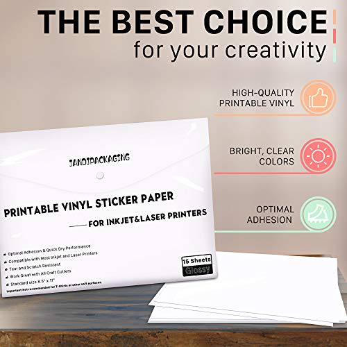 JANDJPACKAGING Printable Vinyl Sticker Paper - Waterproof Printable Vinyl for Laser & Inkjet Printer 15 Self-Adhesive Sheets - Glossy White - Standard Letter Size 8.5"x11"