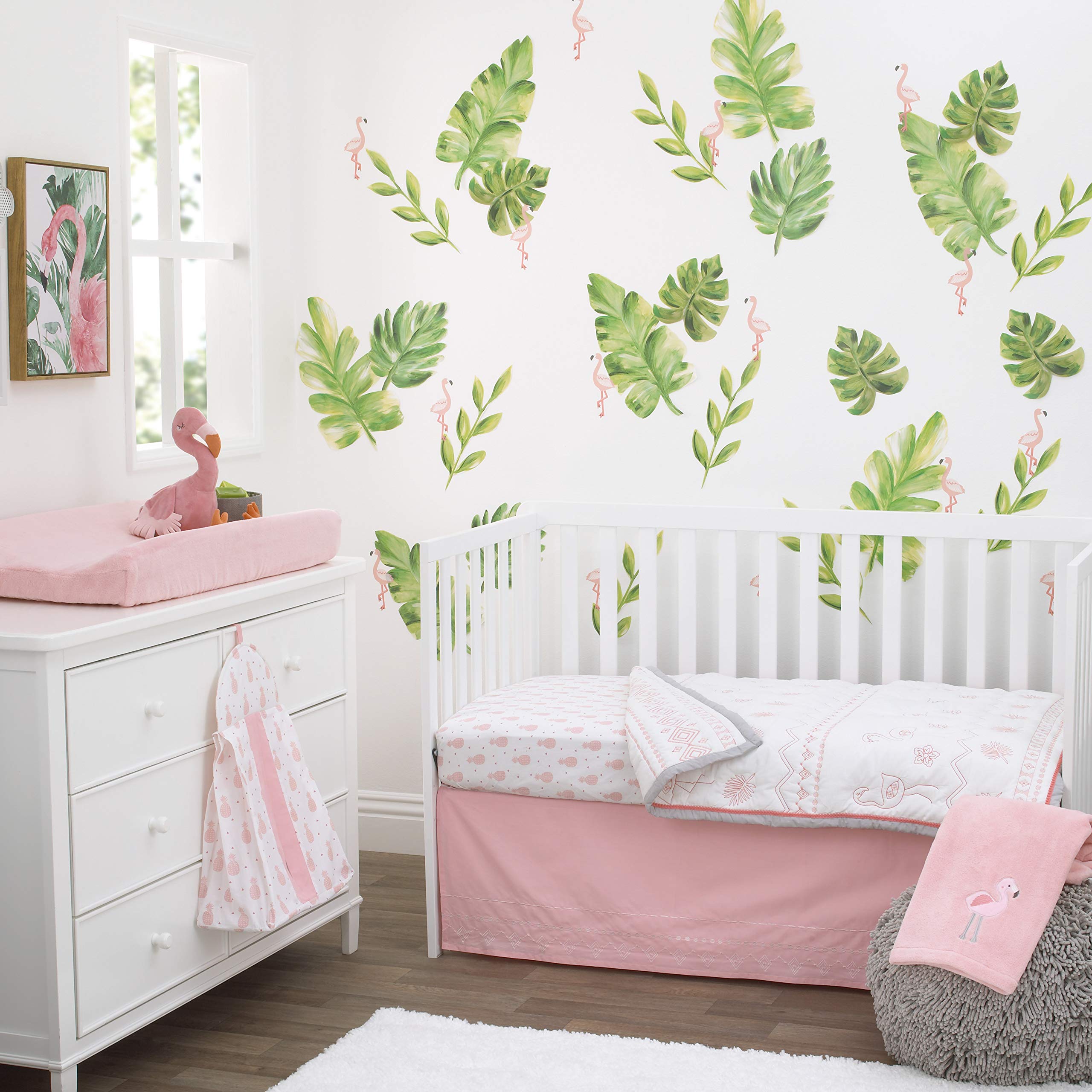 Nojo Tropical Flamingo Pink & White 100% Cotton 4Piece Nursery Crib Bedding Set, Embroidered Quilt, Fitted Sheet, Dust Ruffle, & Diaper Stacker, Pink, White, Grey