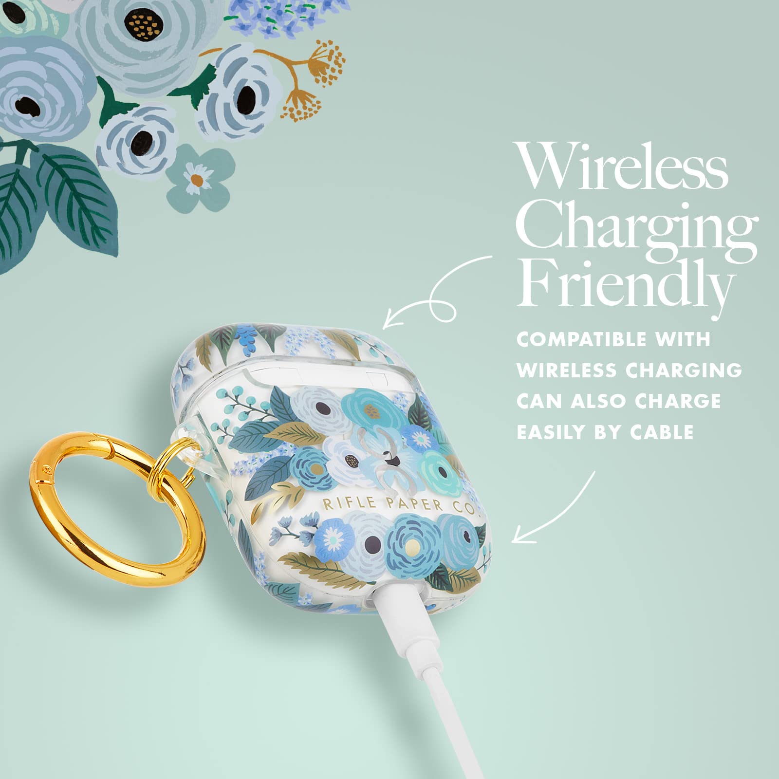 Rifle Paper Co. Airpods 2nd / 1st Generation Case Cover with Keychain Ring [Wireless Charging] [Front LED Visible] Cute Apple Airpods Case 2 and 1 with Floral Design, Anti Scratch - Garden Party Blue