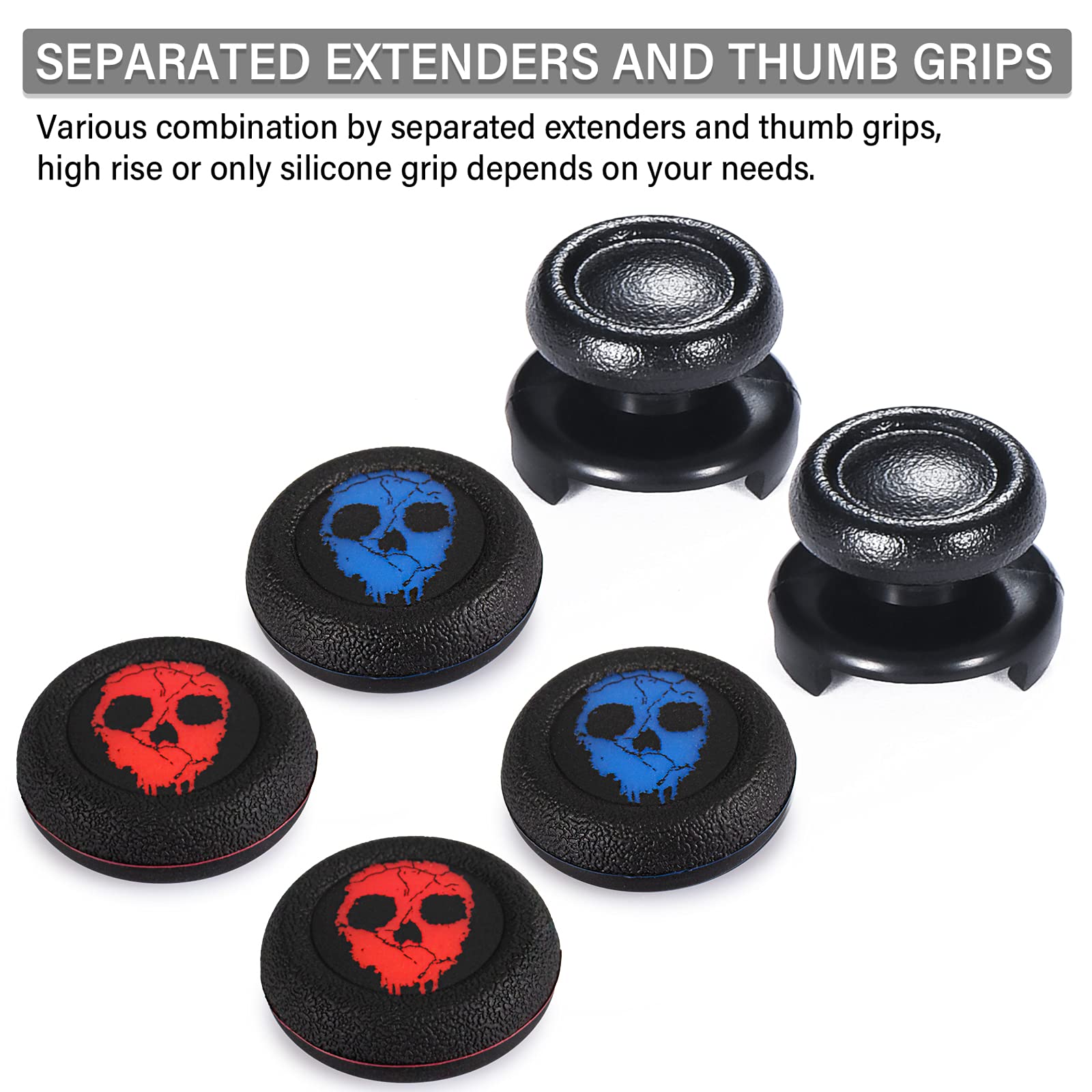 Playrealm FPS Thumbstick Extender x 2 & Printing Rubber Silicone Grip Cover x 4 for PS5 Dualsenese & PS4 Controller (Ghost Red & Blue)