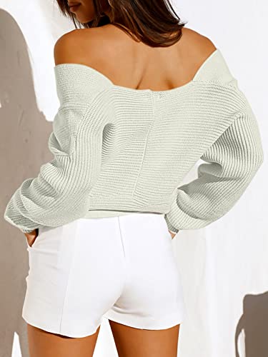 ANRABESS Women’s 2022 Fall Fashion Long Sleeve Off Shoulder Crissover V Neck Knit Cropped Sweater Top 641qianhui-S Gray