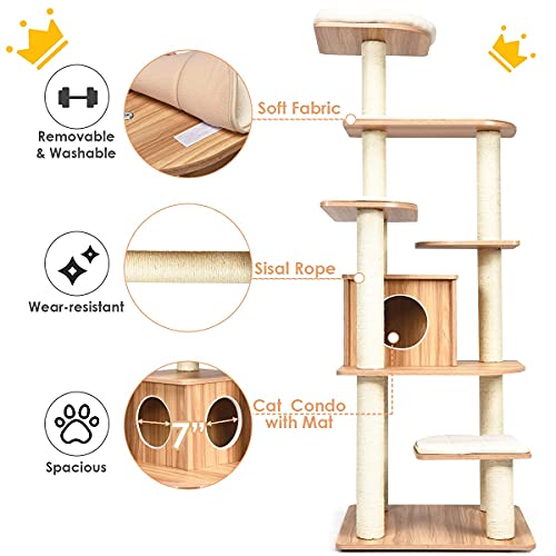 Tangkula Modern Wood Cat Tree, 69-Inch Cat Tower with Multi-Layer Platform, Tall Cat Tree with Sisal Rope Scratching Posts, Cat Condo Furniture w/Washable Plush Cushions for Large Cats Kittens