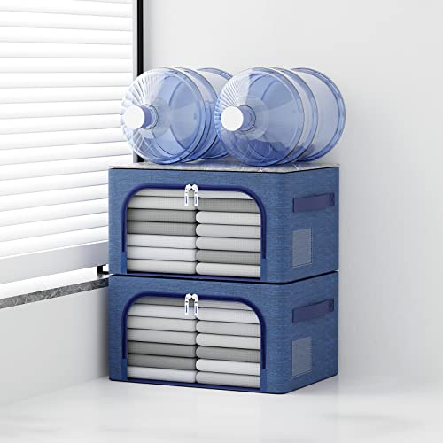 3 Pack Clothes Storage Box - Foldable Stackable Fabric Organizer for Clothing Metal Frame Storage Bins Box with Sturdy Handles and Large Clear Window (11L, Grey)