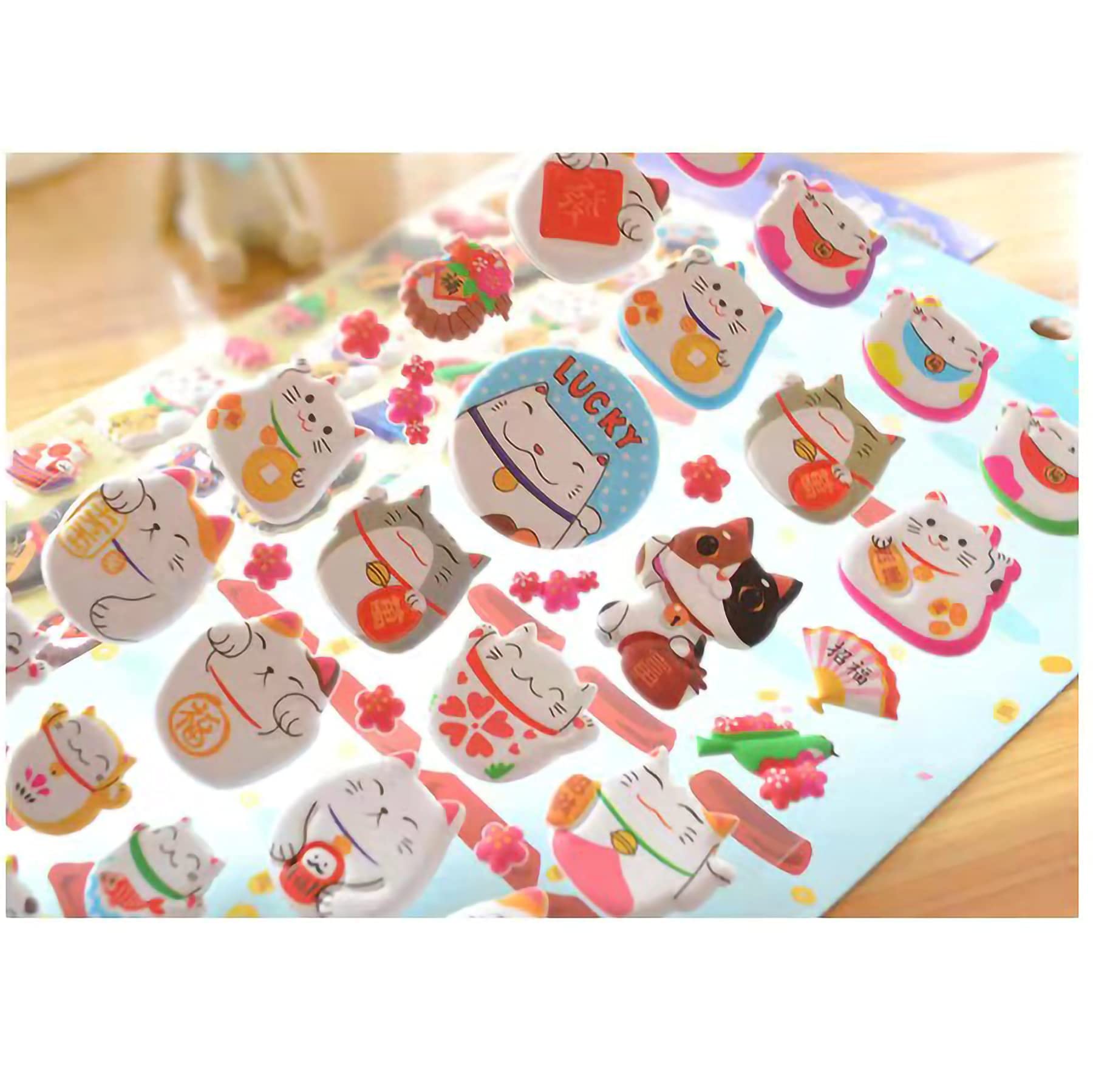EatingBiting 4 Sheets More Than 140pcs Japanese Maneki Neko Foam Stickers Lucky Fortune Fengshui Stickers Diary Scrap Book Scrapbooking Decor Decoration School Office Stationery Reward Gift
