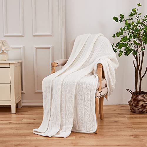 Longhui bedding Acrylic Cable Knit Sherpa Throw Blanket β Thick, Soft, Big, Cozy Ivory White Knitted Fleece Blankets for Couch, Sofa, Bed β Large 50 x 63 Inches Ivory White Coverlet All Season