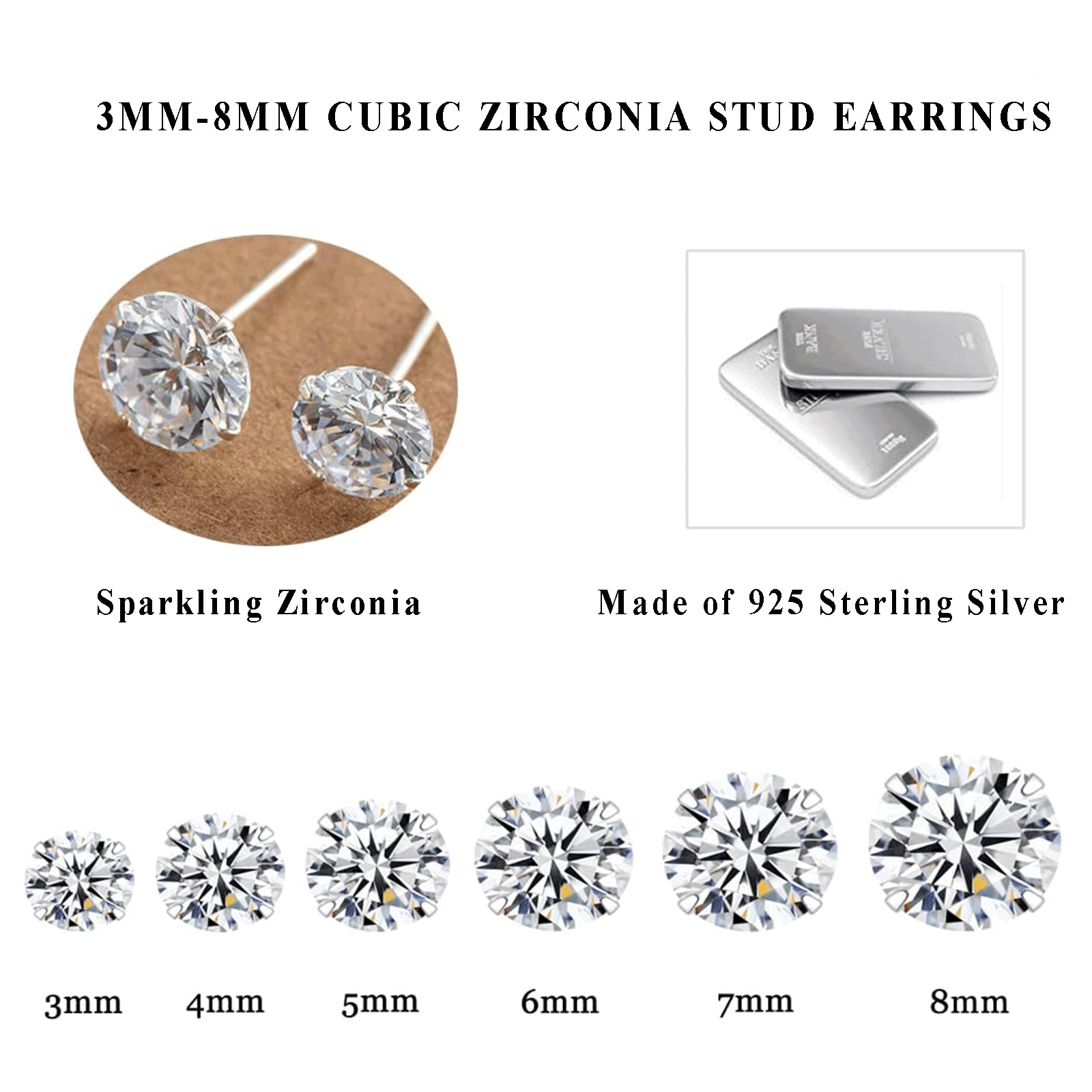 3 Pairs 925 Sterling Silver Cubic Zirconia Stud Earrings 6mm-7mm-8mm Set Men Women