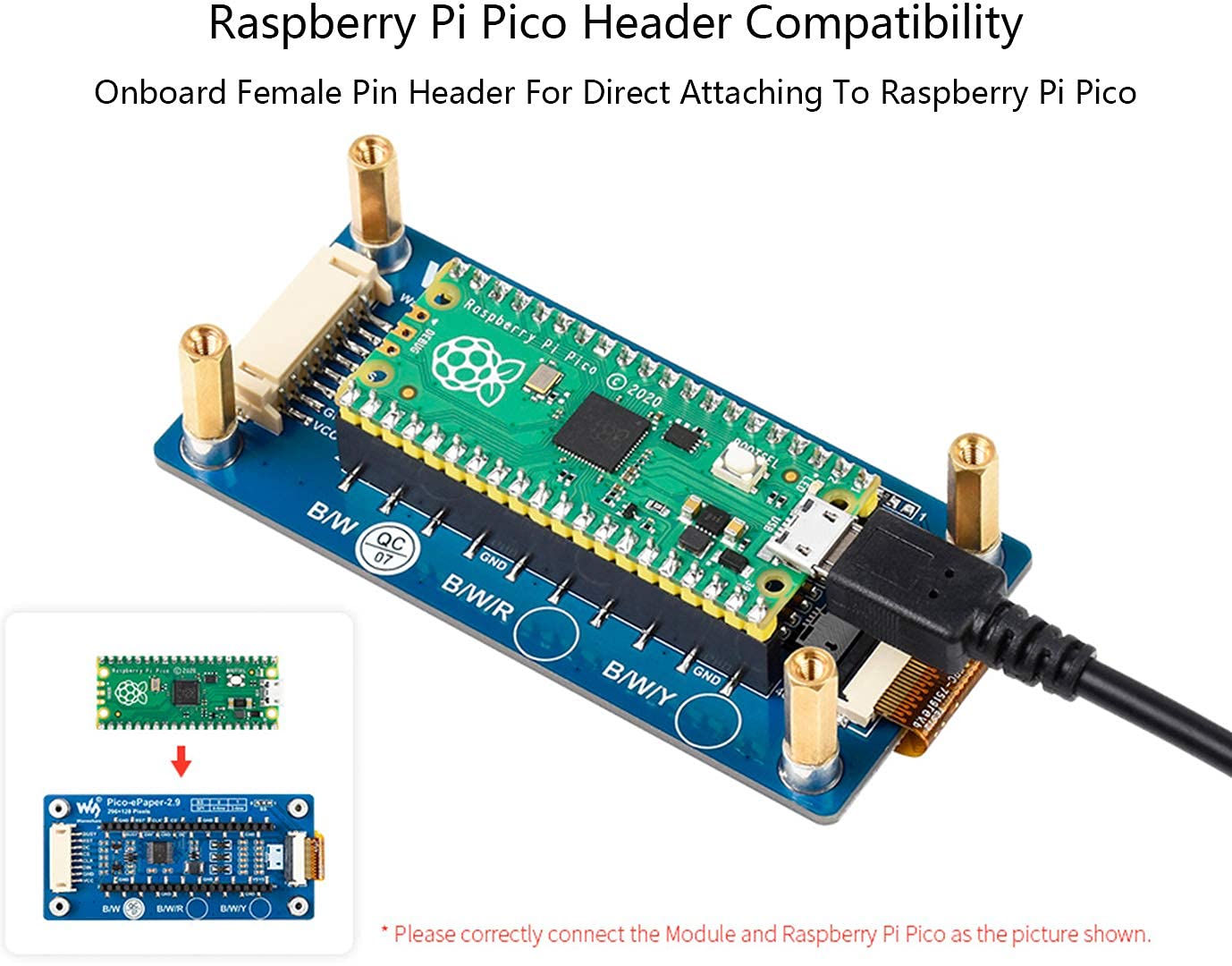 Waveshare 2.9inch E-Paper Display Module for Raspberry Pi Pico, Black White Two-Color 296×128 Pixel E-Paper Screen LCD SPI Interface Support Partial Refresh Wide Viewing Angle, Paper-Like Effect