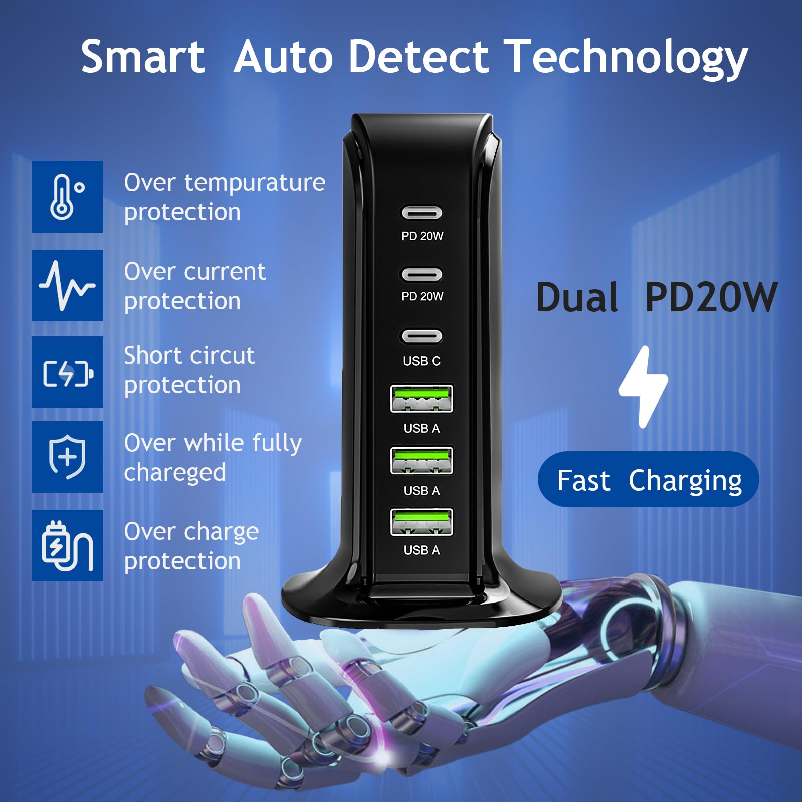 ๐ฎ๐ฌ๐ฎ๐ฏ ๐ก๐ฒ๐ USB C Charging Station with Dual PD20W RISWOJOR, 70W 6-Port USB C Fast Charger Block with Auto Detect, USB Multiport Charger Hub Tower for Smartphone Tablet and Multiple Devices, RIS70W01A