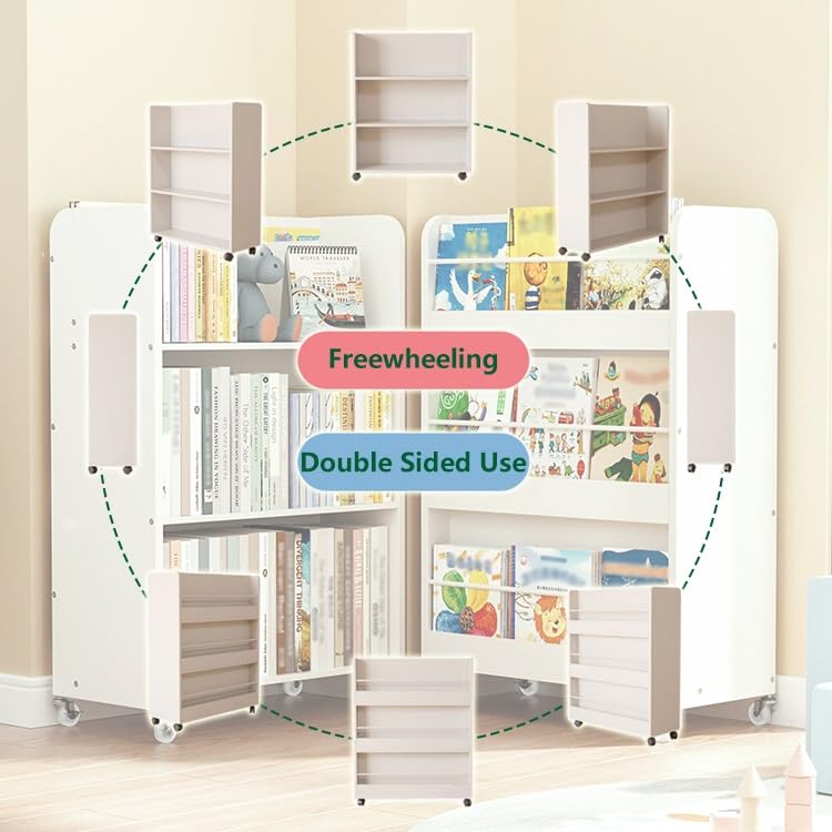 3 Tier Mobile Bookcase with Double Sided Storage, Kids Open Bookshelf on Lock Wheel, Rolling Organizer Display Shelf, White BookShelves for Small Spaces in Home Office Kids Room, 25"L×11.8"W×37.8"H