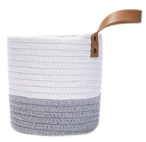 2pack Small Hanging Basket-Cotton Rope Wall Basket with Handle, Hanging Storage Basket, Shelf Baskets Storage Bin Closet Organizer 6"×6.3", Woven Plant Basket - (White & Grey)